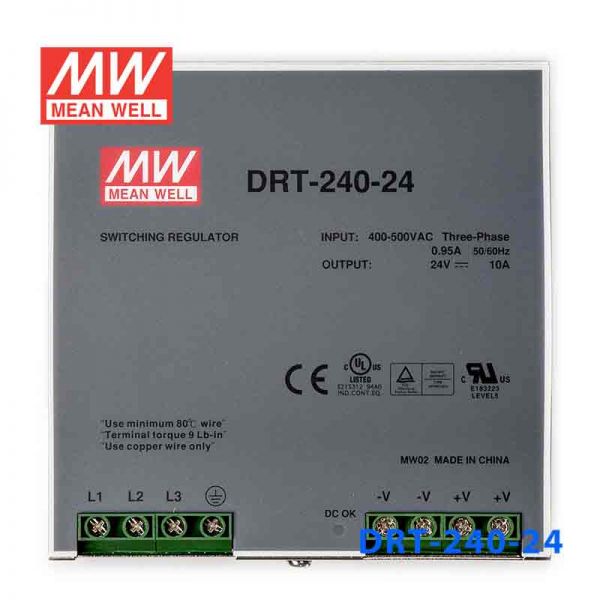 DRT-240-24 240W 24V10A 输出带PFC功能三相输入DIN导轨安装明纬电源_明纬
